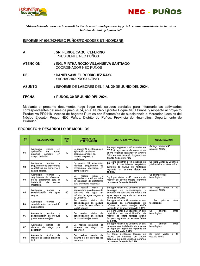 Informe Junio Daniel Rayo 2024 | PDF | Pasto | Agronomía
