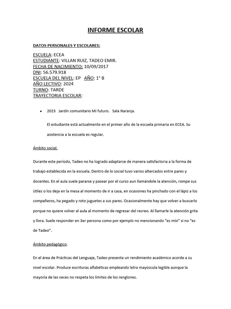 Informe Escolar Villan Ruiz, Tadeo | PDF | Escuelas | Aprendizaje