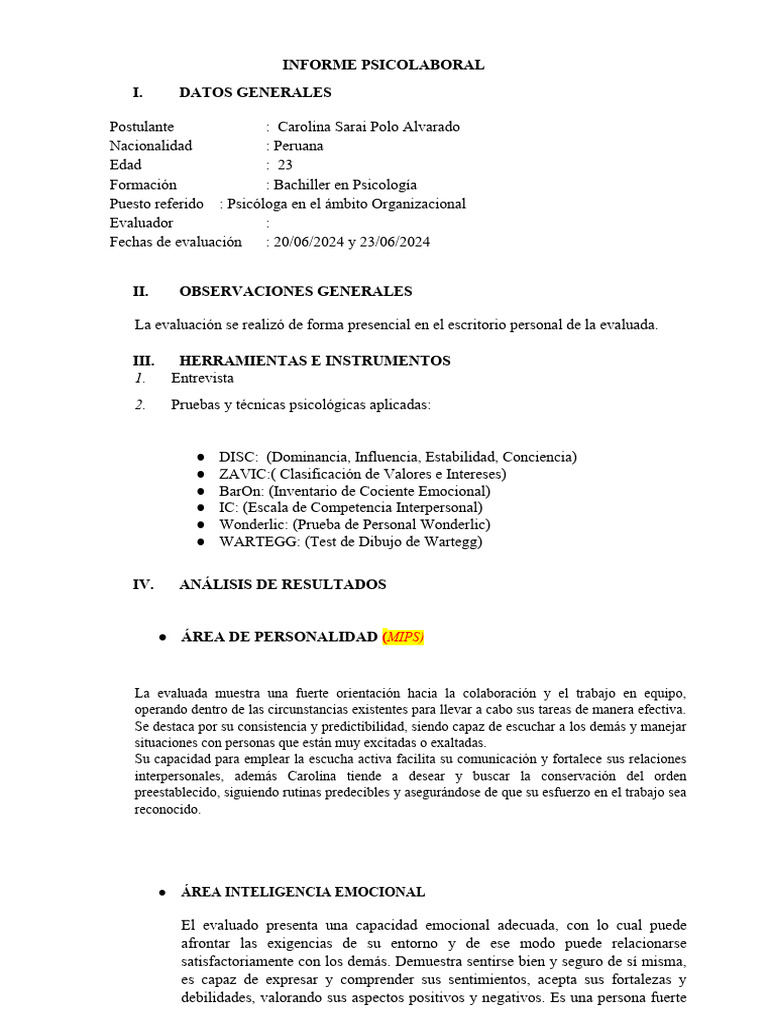 Informe Psicolaboral de Carolina Polo | PDF | Las emociones ...