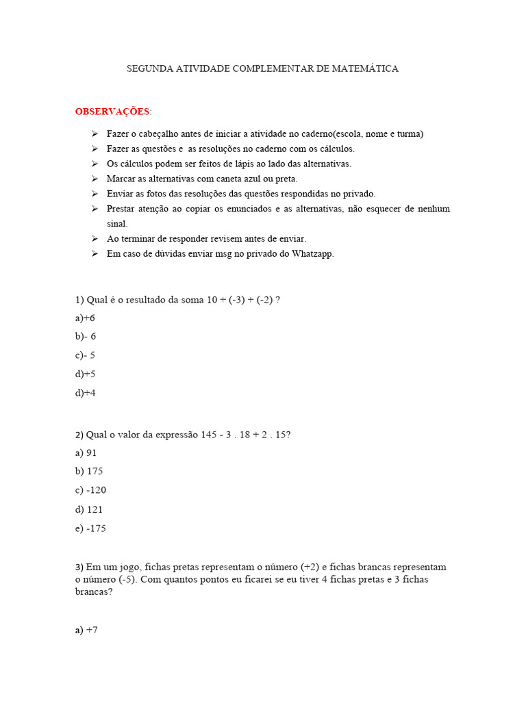 Segunda Atividade Complementar de Matemática 7 Ano | PDF | Jogos e Atividades