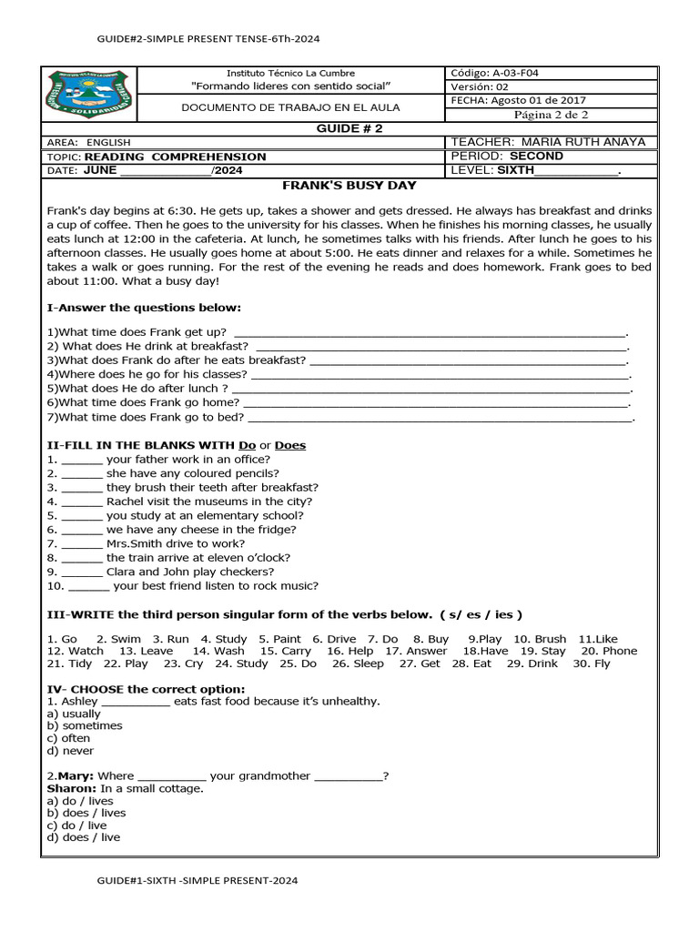 Guide#2reading-Simple Present-Sixth | PDF | Lunch