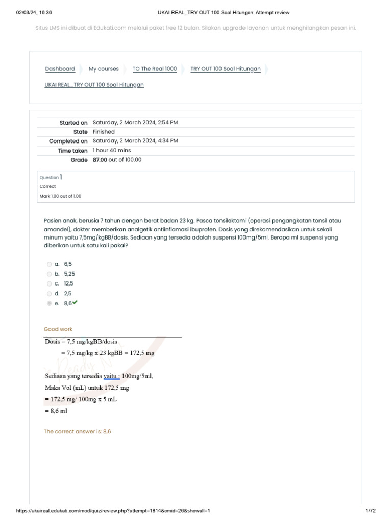 UKAI REAL - TRY OUT 100 Soal Hitungan - Attempt Review | PDF
