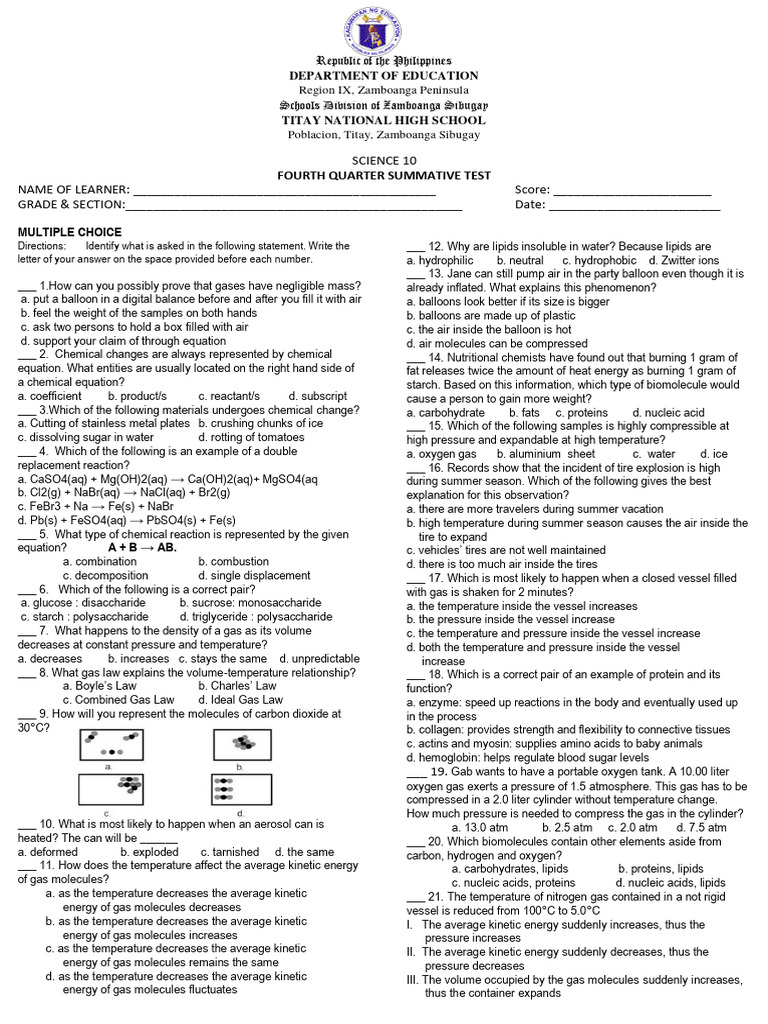 Science 10 Exam | PDF | Gases | Chemical Reactions