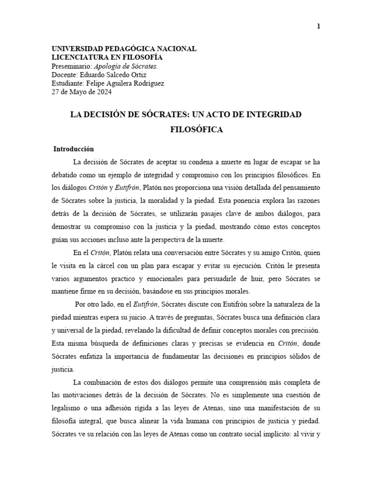 Ponencia. LA DECISIÓN DE SÓCRATES UN ACTO DE INTEGRIDAD FILOSÓFICA ...