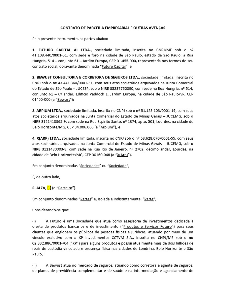 Minuta_Contrato de Parceria_Empresarial_Alza_MM2 | PDF | Propriedade intelectual | Inteligência ...
