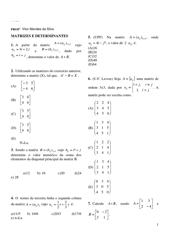 Atividades de Matrizes e Determinantes | PDF | Matriz (Matemática ...