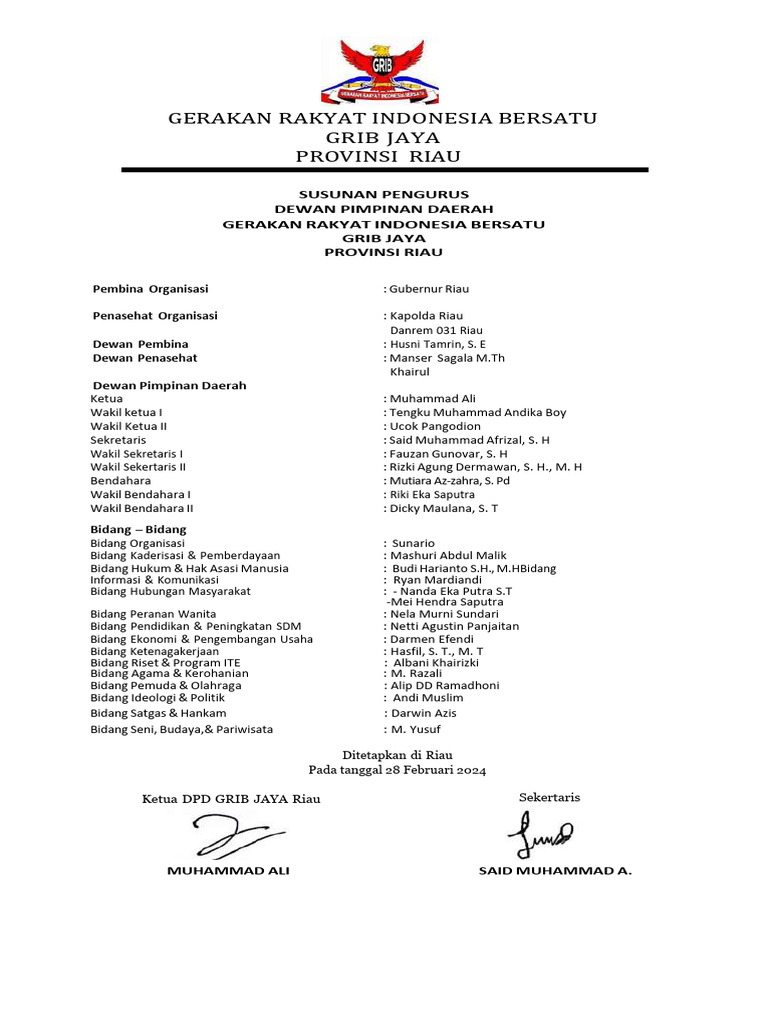 Draft Struktur Kepengurusan Grib Jaya Riau | PDF