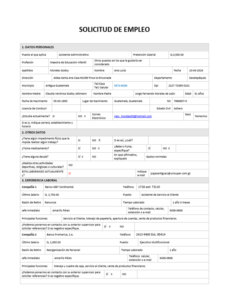 Solicitud de Empleo Completa 2024 | PDF | Guatemala