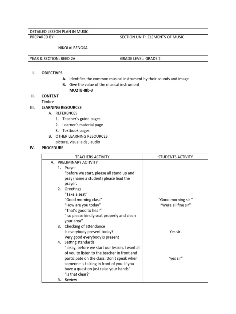 Detailed Lesson Plan in Music 2a | PDF | String Instruments | Musical ...