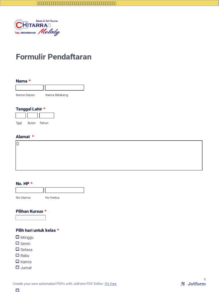 Formulir Pendaftaran Kursus Musik | PDF Formulir Pendaftaran Kursus Musik | PDF