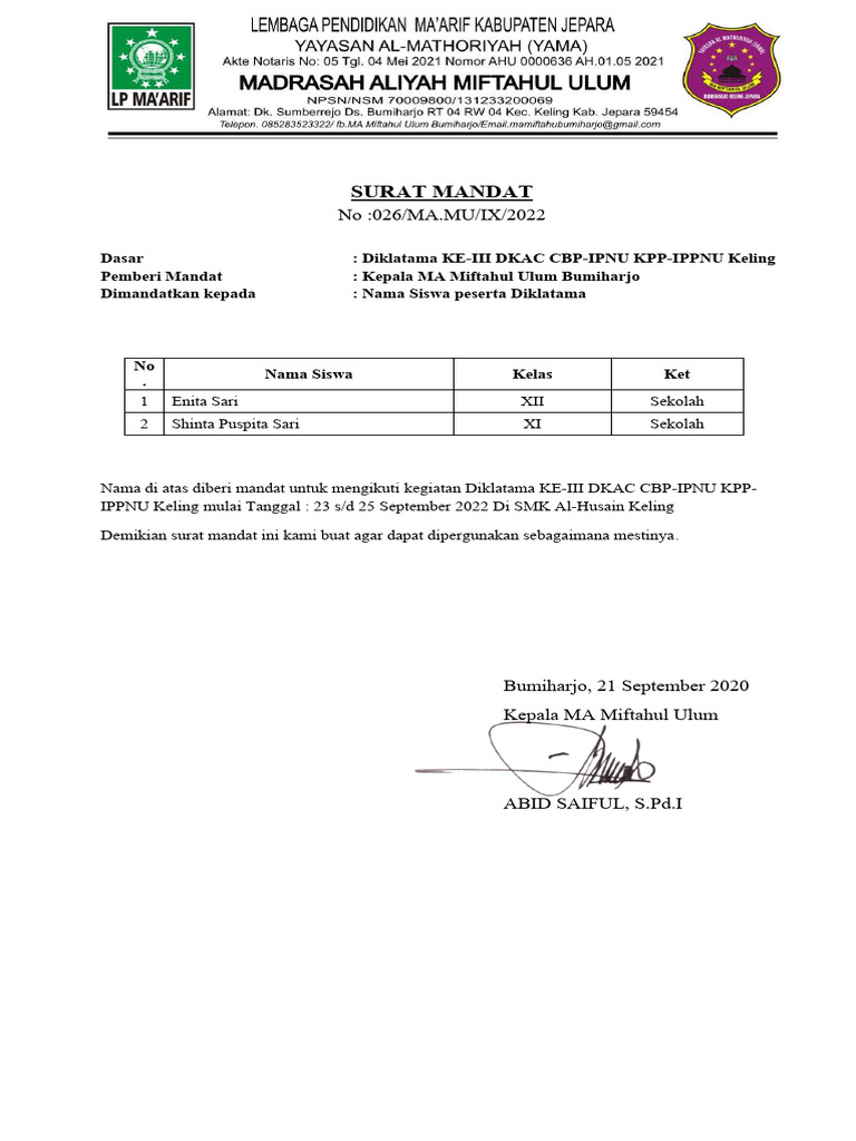 Surat Mandat Peserta Diklatama IPPNU | PDF