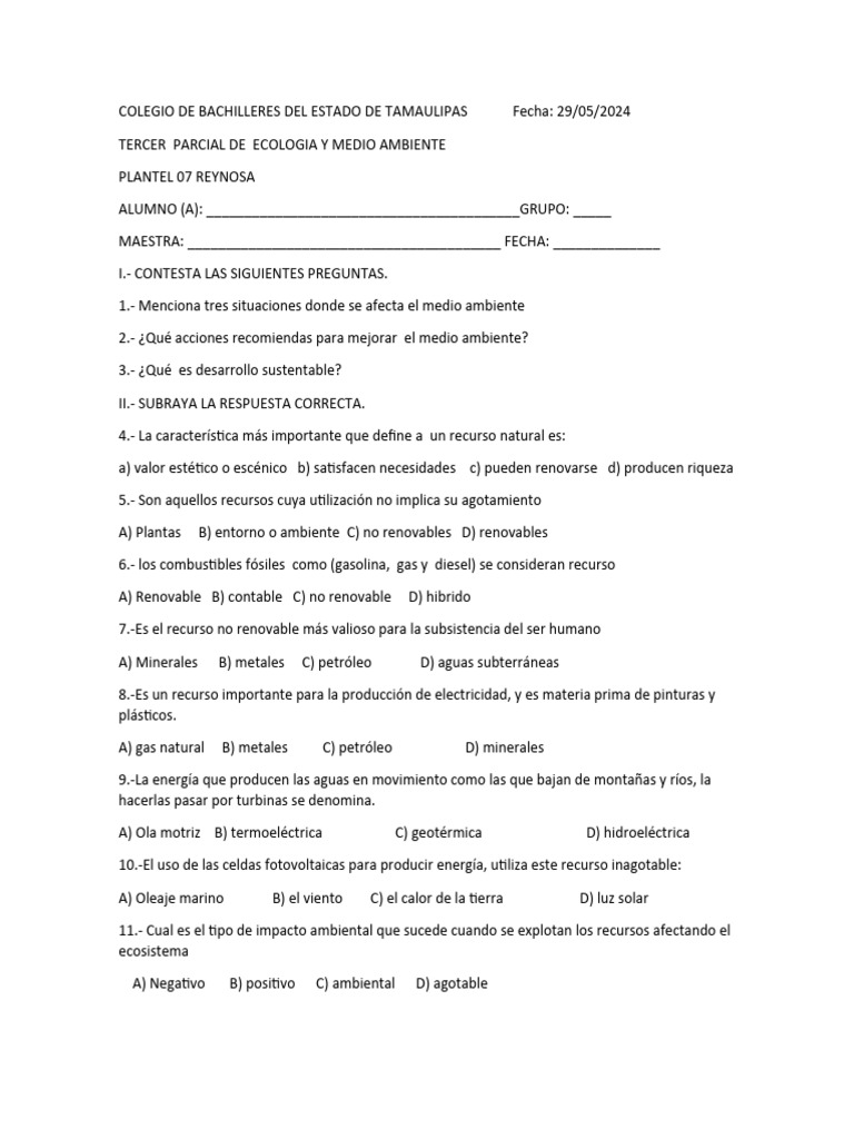 Examen Ema Tercer Parcial | PDF | Energía renovable | Entorno natural