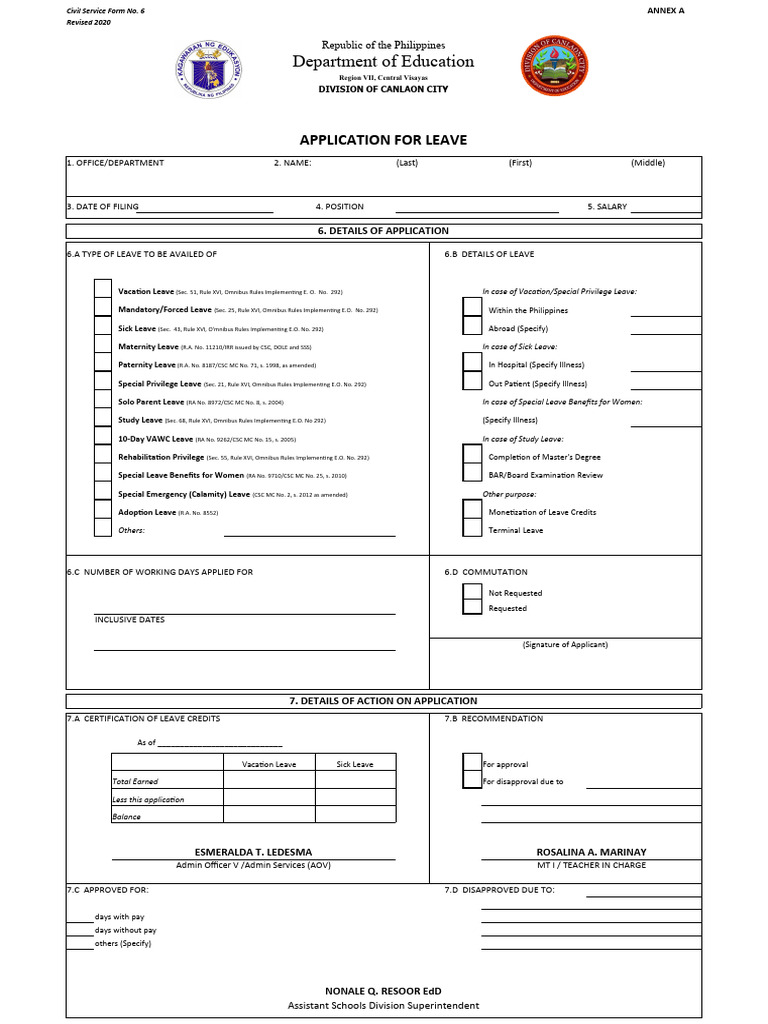 Form 6 Revised 2020 Canlaon | PDF | Parental Leave | Sick Leave