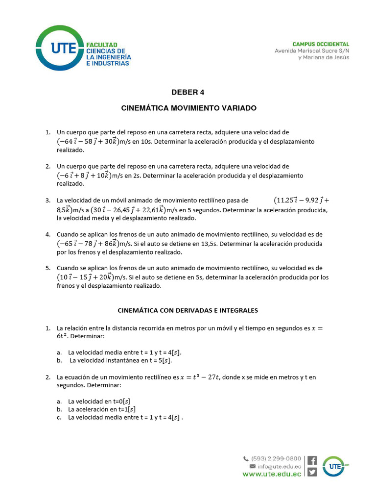 DEBER 4 Movimiento Variado | PDF | Velocidad | Aceleración