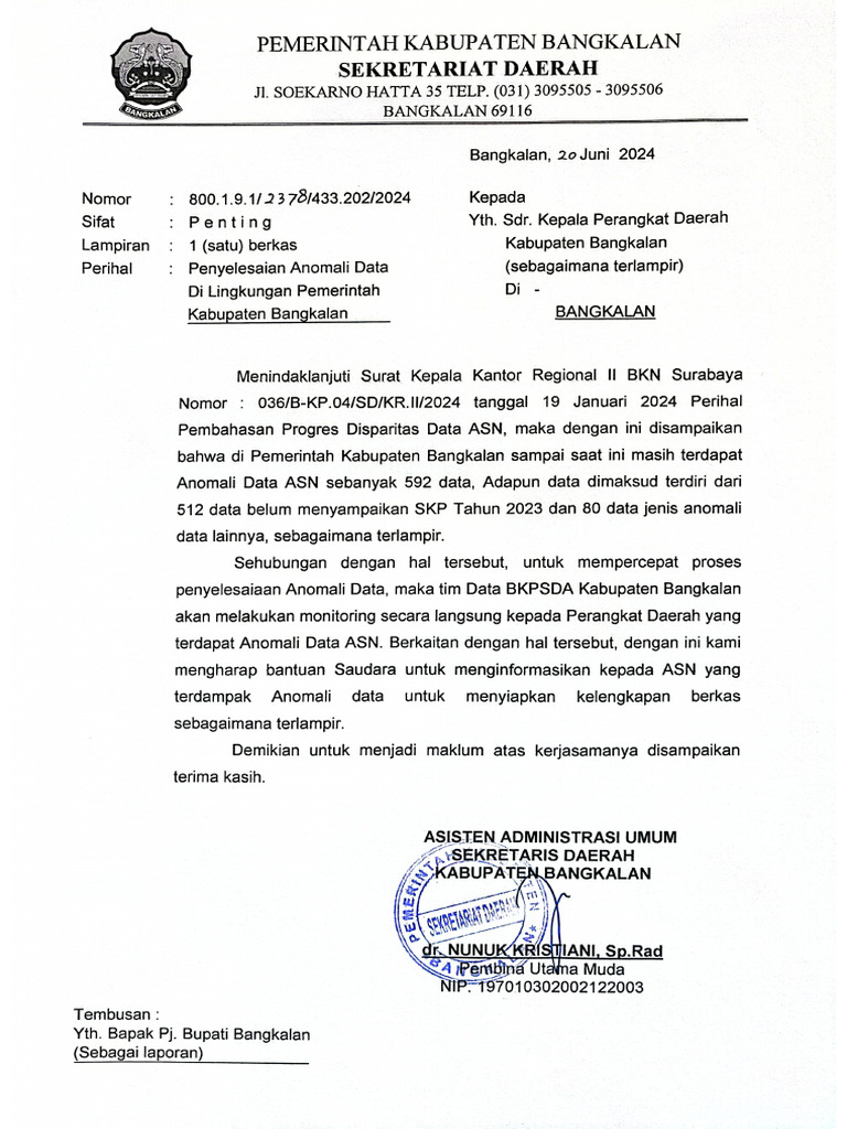 Surat Opd Anomali Data 21 Juni 2024 | PDF