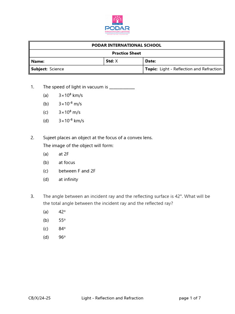 PS - CB - X - Sci - Light - Reflection and Refraction | PDF | Mirror ...