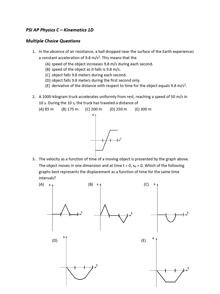 Ap Physc M Kinematics 1 Dimension Multiple Choice 2024 06 24 Pdf