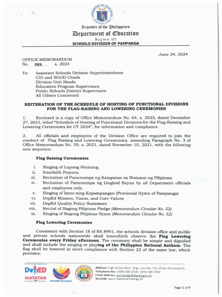 Office Memorandum No. 022, S. 2024 - Reiteration of The Schedule of ...