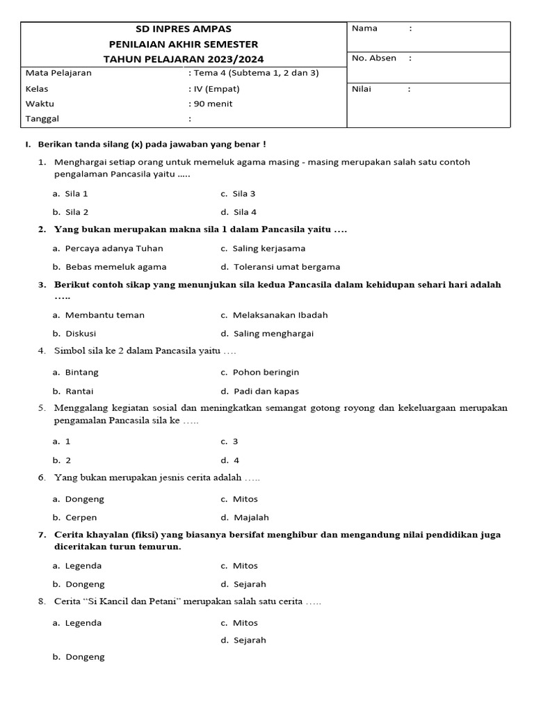 SOAL PAS TEMA 4 Kelas 4 | PDF