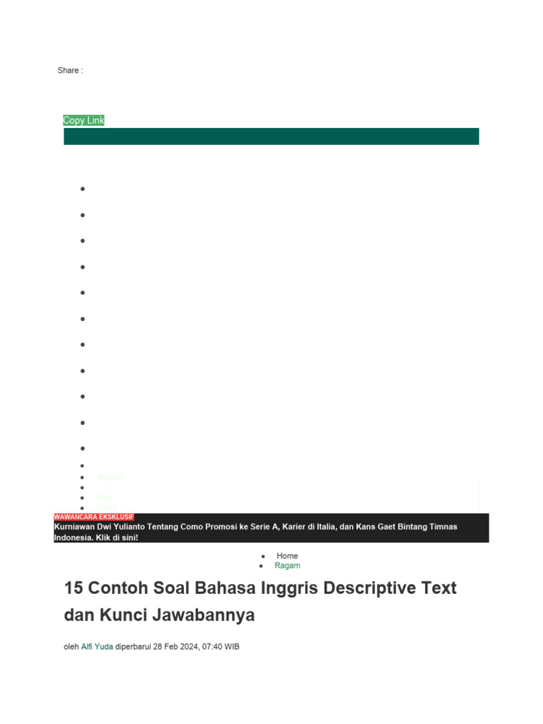 Latihan Soal Descriptive Text Kelas 7 Smt2 | PDF | Kajian Bahasa Asing