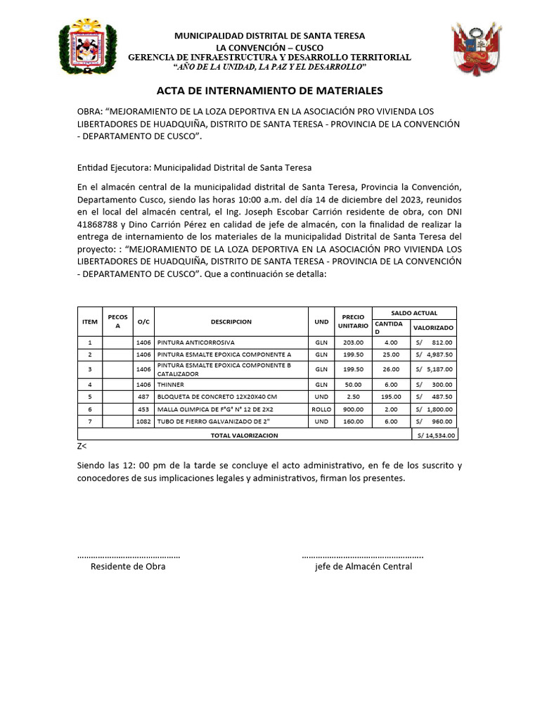 Acta de Internamiento de Materiales | PDF