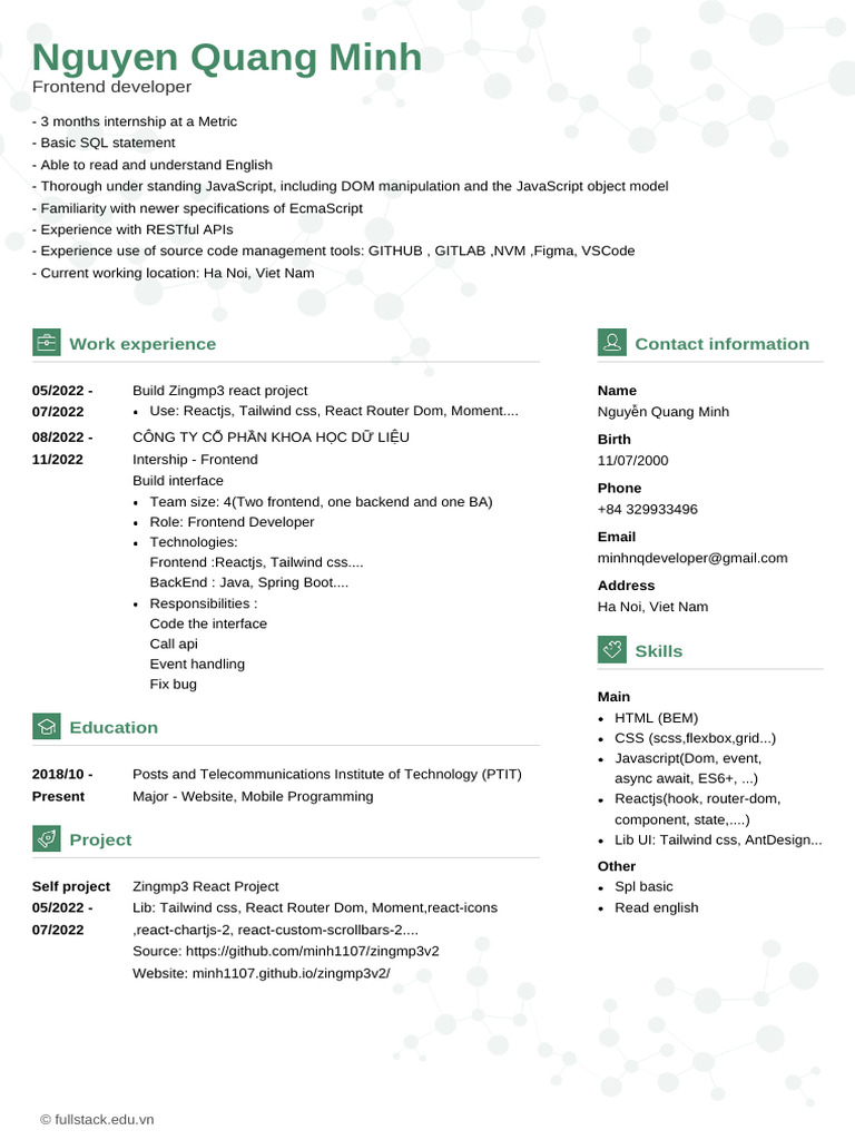 CV Nguyen Quang Minh Frontend Developer | PDF | Document Object Model | Java Script