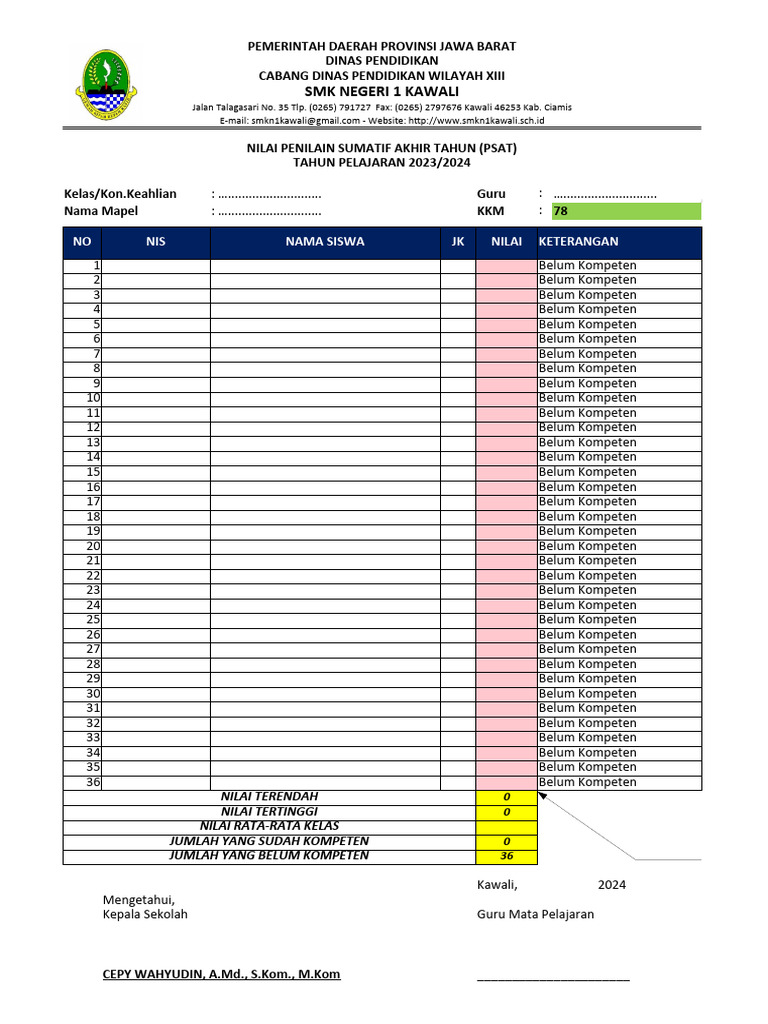 Blangko Rekap Nilai Murni Psat Tp. 2023-2024 | PDF
