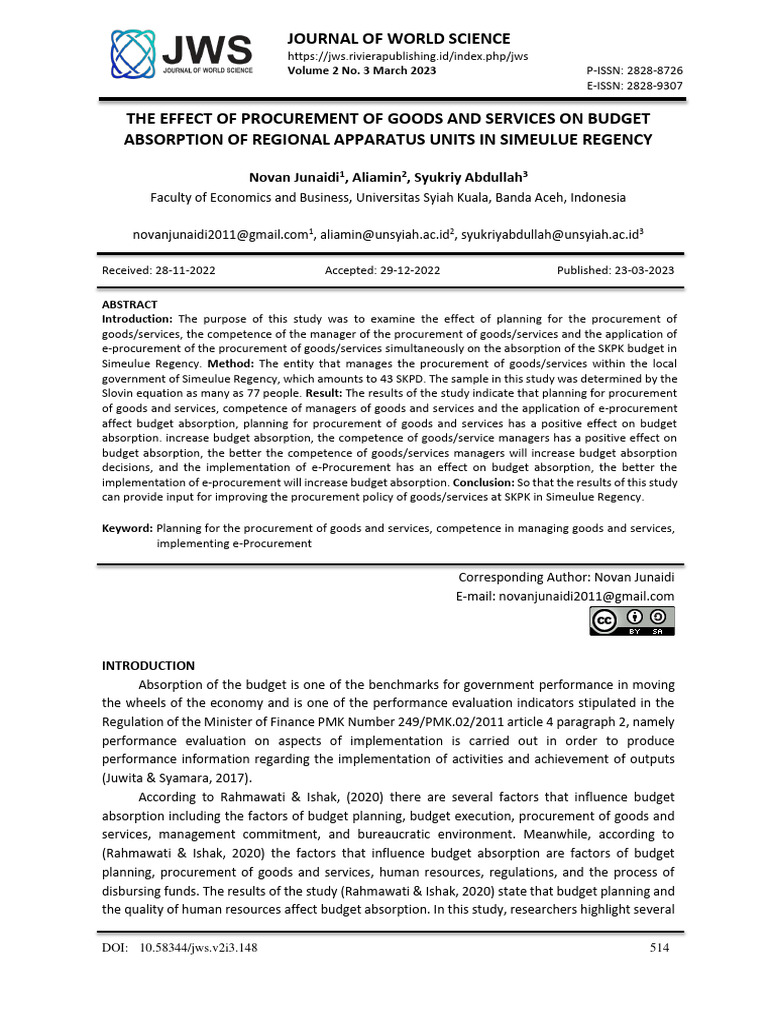 Junaidi2023 The Effect of Procurement of Goods and Services On Budget Absorption of Regional ...