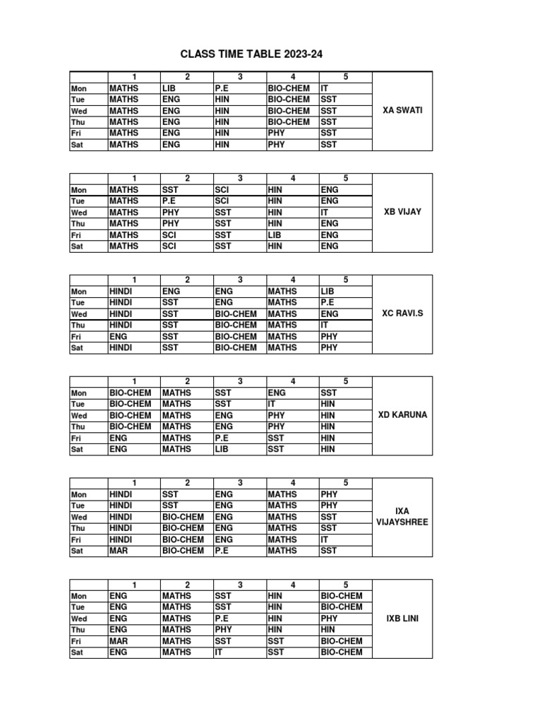 Class Time Table 2024 | PDF