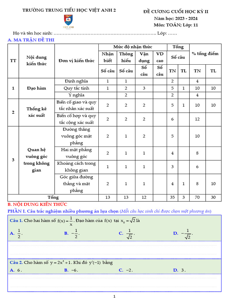 De Cuong Cuoi Hoc Ky 2 Toan 11 Nam 2023 2024 Truong Viet Anh 2 Binh Duong | PDF