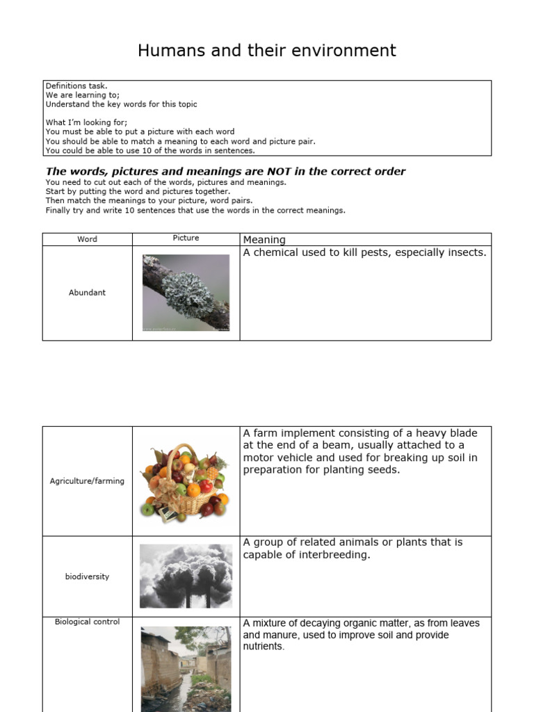 Humans and Their Environment Key Words Task#2 | PDF | Agriculture | Manure
