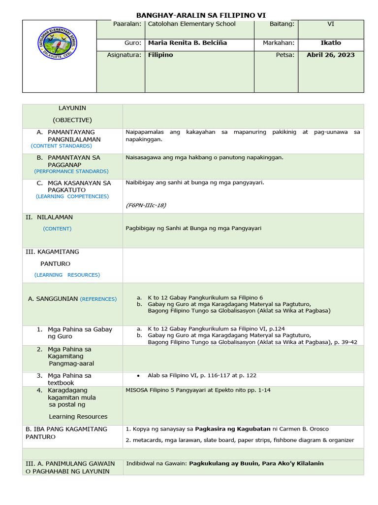Banghay Aralin Sa Filipino 6 | PDF