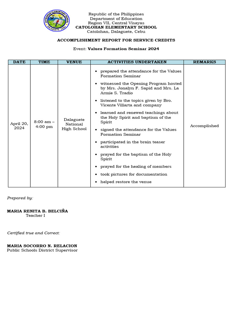 Values Seminar Accomplishment | PDF