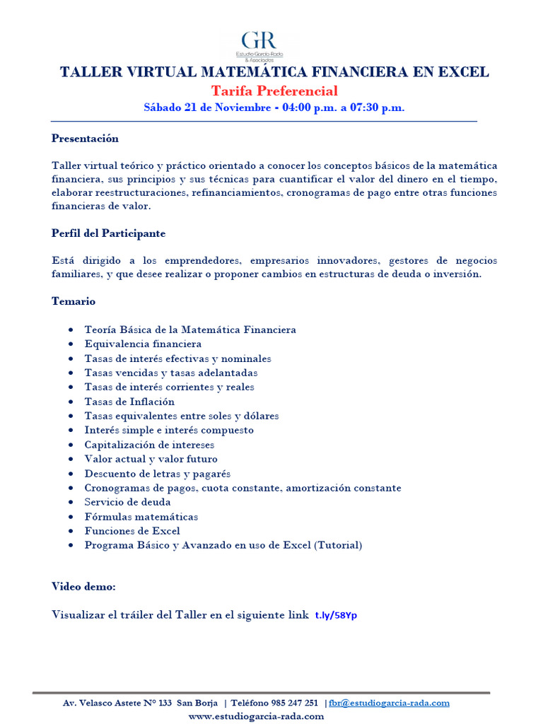 Brochure Taller Virtual Matemática Financiera 21 de Noviembre | PDF ...