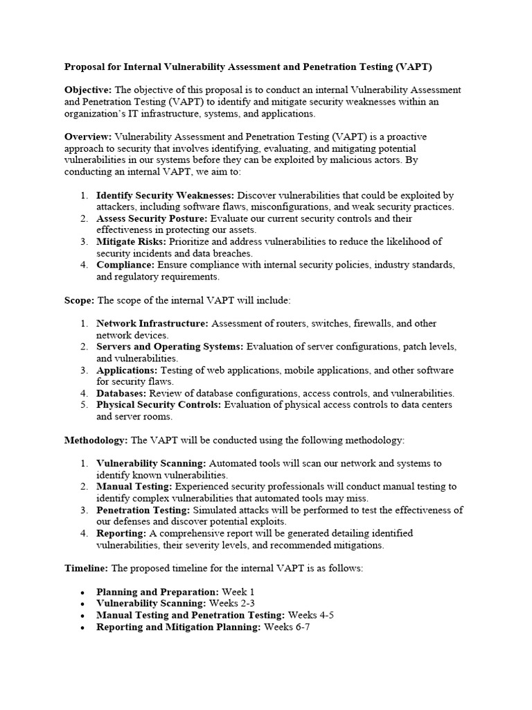 Vapt Internal Sample Proposal | PDF | Security | Computer Security Vapt Internal Sample Proposal | PDF | Security | Computer Security