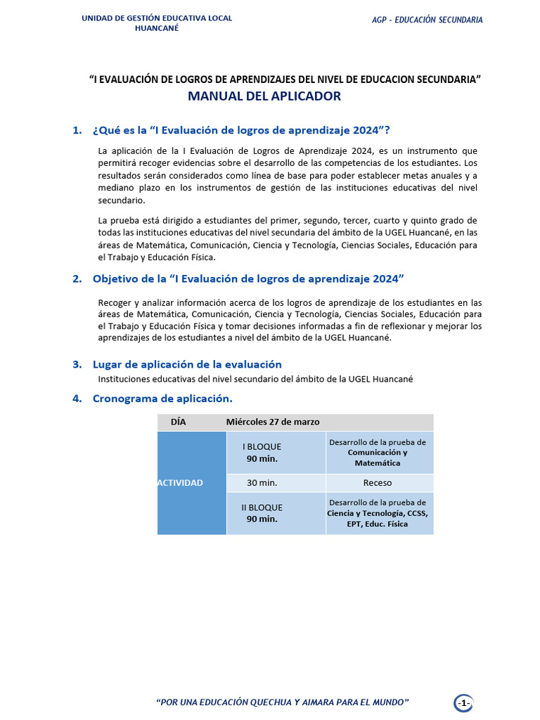 Manual Del Aplicador de I Eval. Logros de Aprendizaje 2024 | PDF | Evaluación