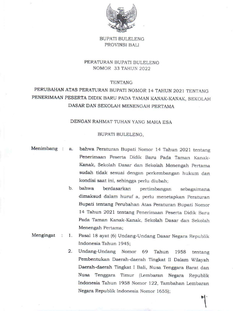 Perbub Perubahan NO 33 TAHUN 2022 | PDF