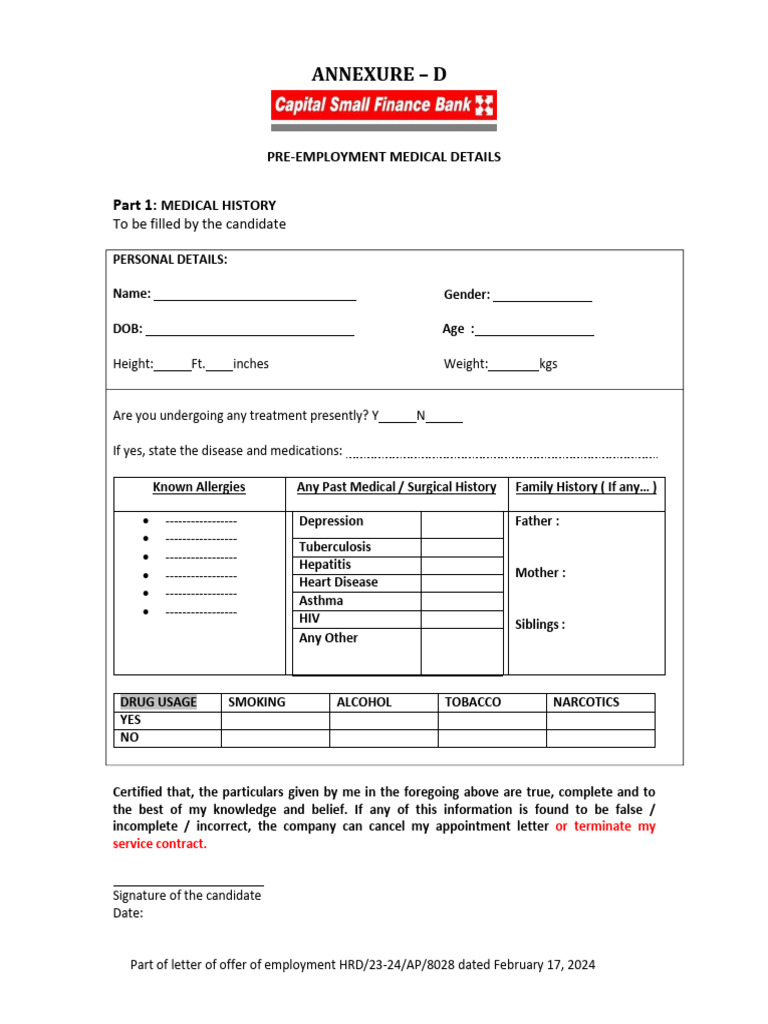 Pre-Employment Medical Questionnaire | PDF | Clinical Medicine ...
