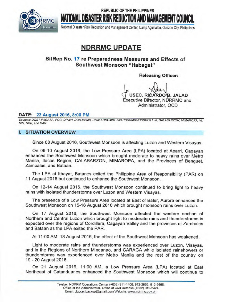 Sitrep No 17 Re Preparedness Measures and Effects of Southwest Monsoon HABAGAT As of 23AUG2016 ...