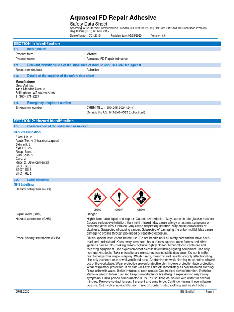 Aquaseal_FD_SDS_050820 | PDF | Occupational Safety And Health | Safety