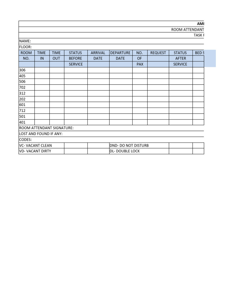 Housekeeping Attendant Daily Report | PDF