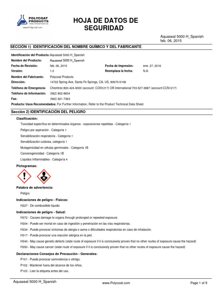 Aquaseal 5000 H 250 VOC - SDS - Spanish | PDF | Agua | Vapor de agua