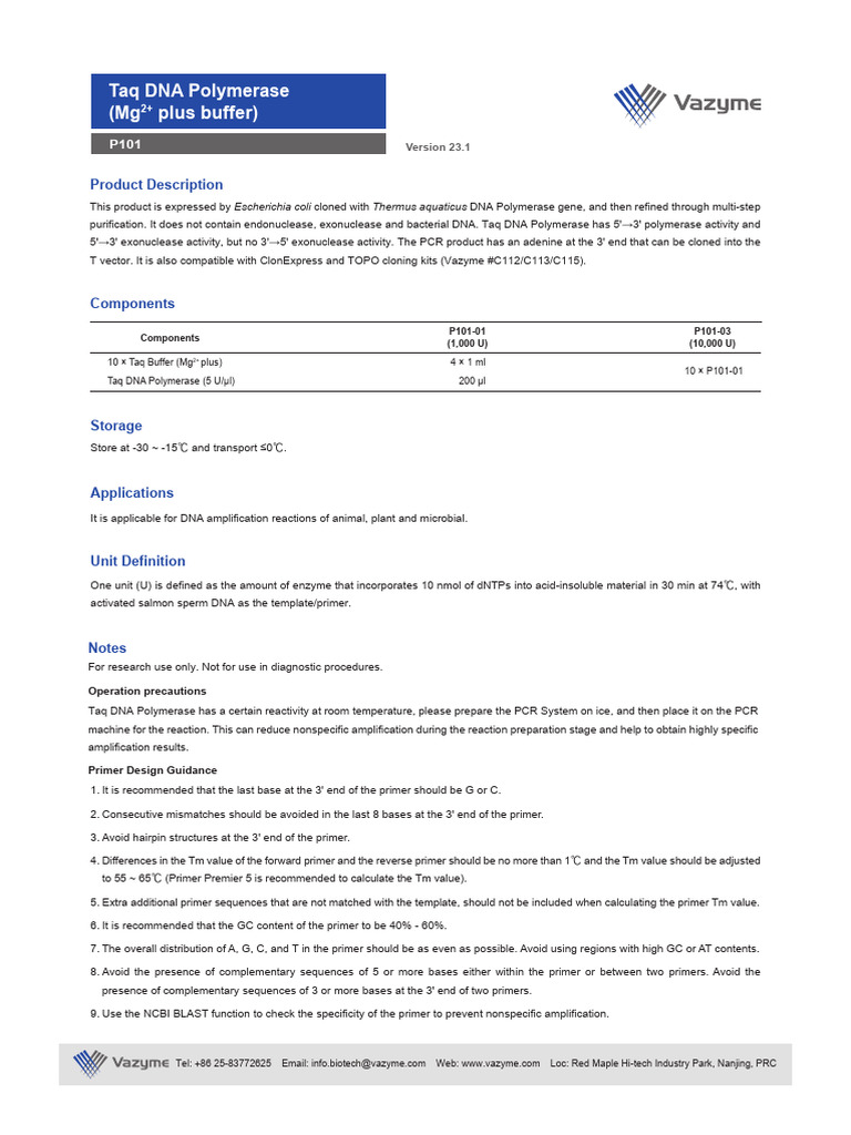 Manual_P101 V23.1 | PDF | Polymerase Chain Reaction | Taq Polymerase