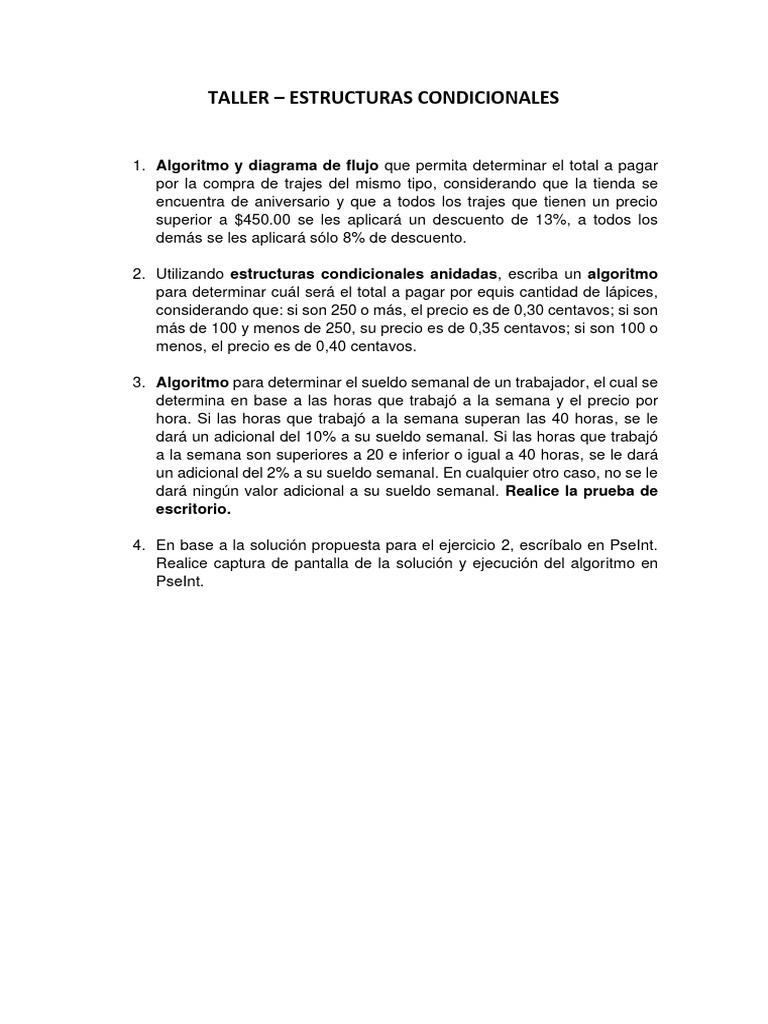 Taller 2.1 - Algoritmos, DF, PseInt Estructuras Condicionales | PDF