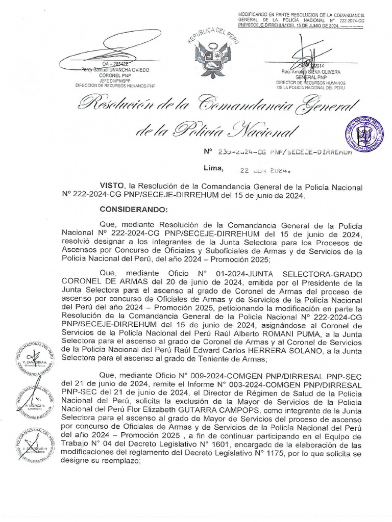 RCG PNP #235 - 2024-CG PNPSECEJE-DIRREHUM Del 20JUN2024 Modificando en Parte La Resolución de La ...