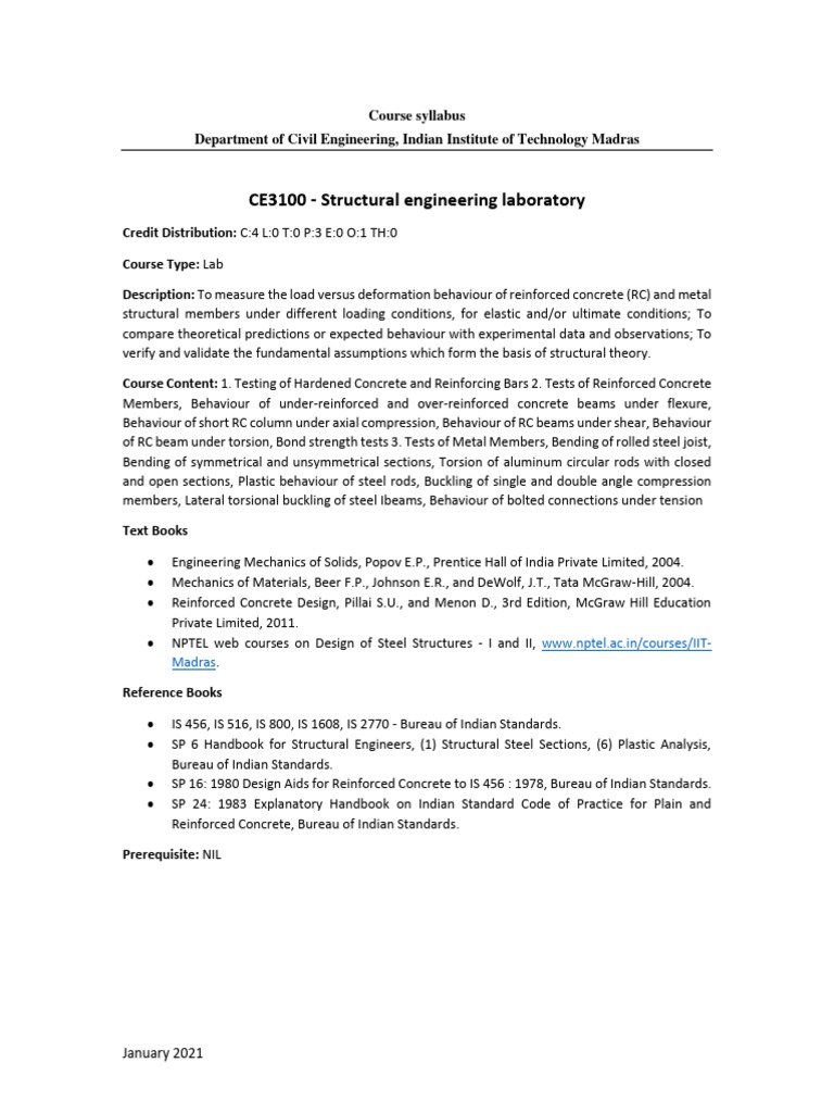 CE3100 - Structural Engineering Laboratory | PDF