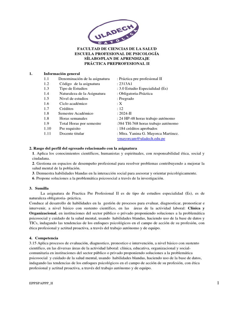 Spa Practica Preprofesional II 2024 - 1 | PDF | Sicología | Salud mental
