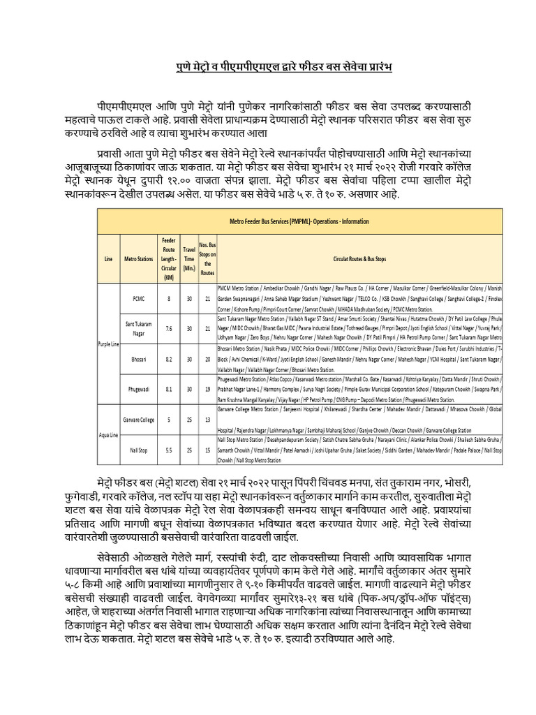 Inauguration of Feeder Bus Services by Pune Metro and PMPML | PDF