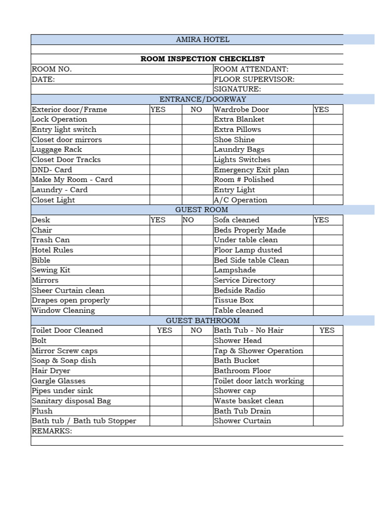 Amira Hotel Room Inspection Checklist | PDF