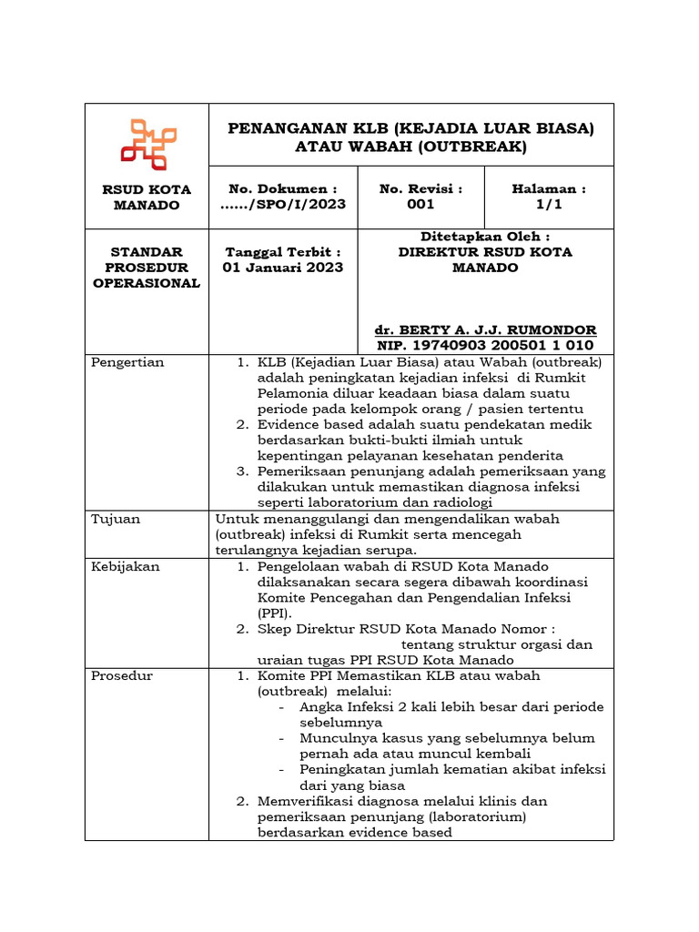 Spo Penanganan KLB (Kejadian Luar Biasa) Atau Wabah (Outbreak) Rsud Kota Manado | PDF ...